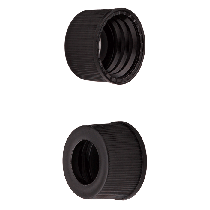 Caps, Screw Top, with an Open Hole, "knurled", polypropylene, Black ...
