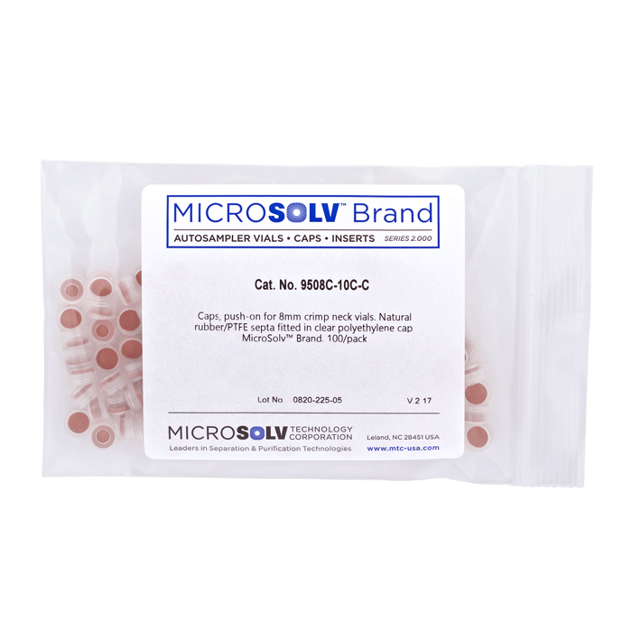 Caps, Push Top, with Natural Rubber / PTFE Septa, fitted in smooth ...