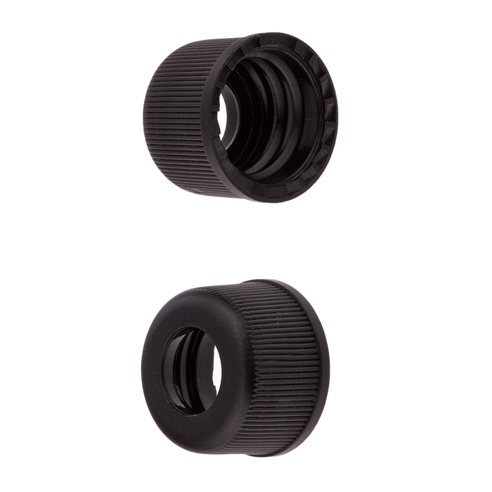 Caps, Screw Top, with an Open Hole. "Knurled", polypropylene, Black ...